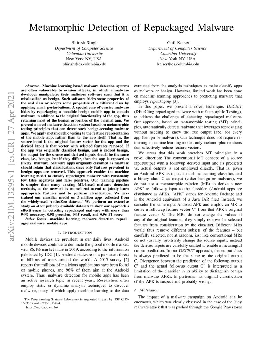 Metamorphic Detection of Repackaged Malware | DeepAI