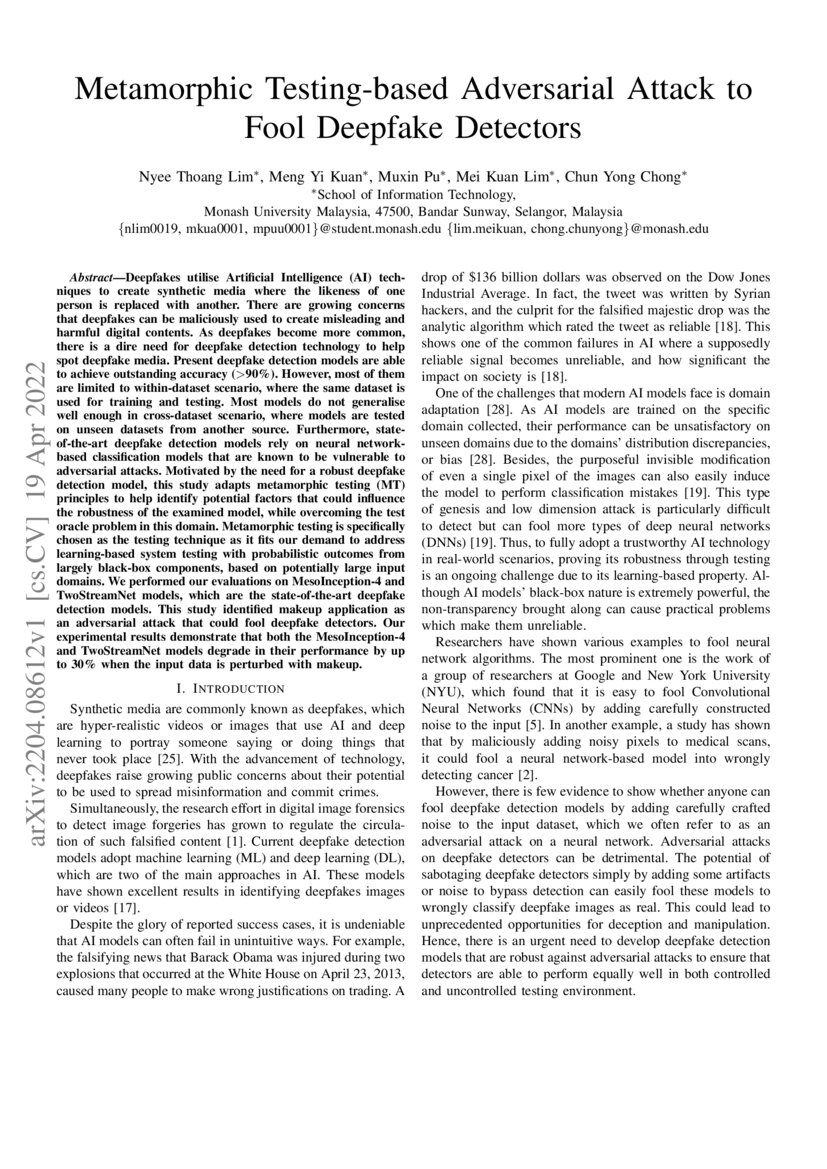 Metamorphic Testing Based Adversarial Attack To Fool Deepfake Detectors Deepai