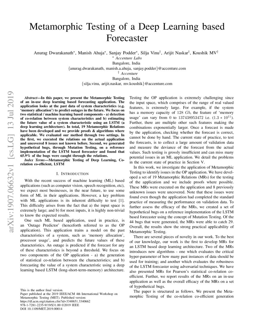 Metamorphic Testing of a Deep Learning based Forecaster | DeepAI