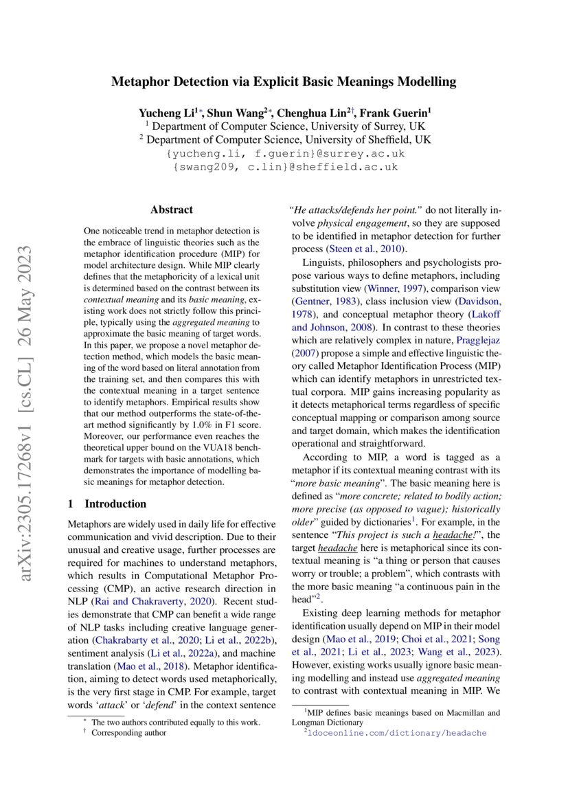 Metaphor Detection Via Explicit Basic Meanings Modelling Deepai