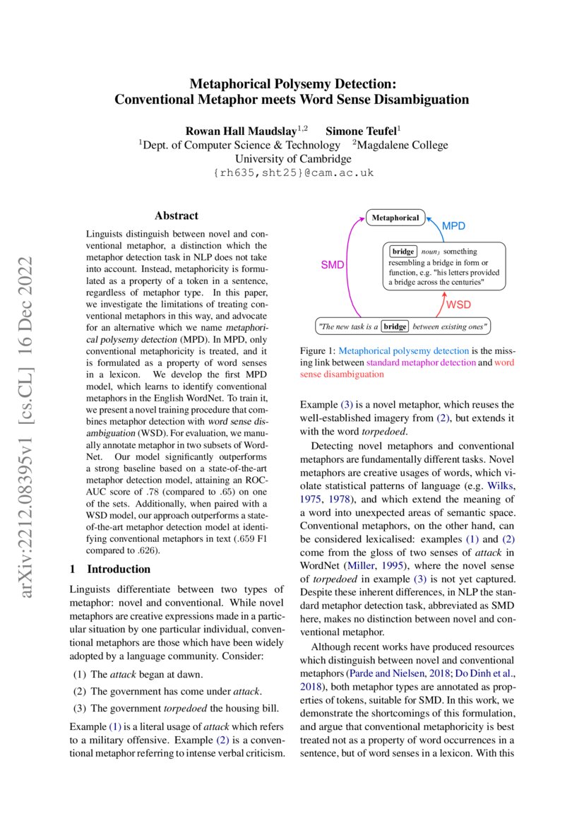 Metaphorical Polysemy Detection: Conventional Metaphor meets Word Sense Disambiguation | DeepAI