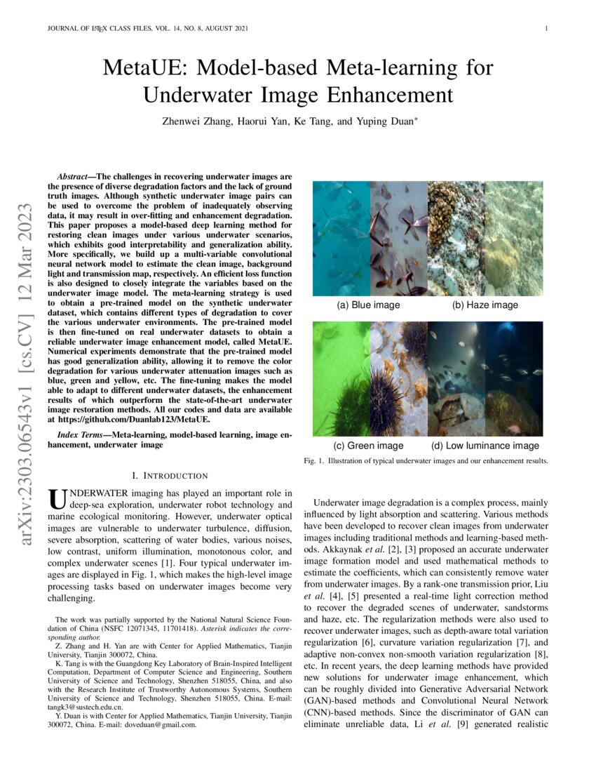 MetaUE: Model-based Meta-learning for Underwater Image Enhancement | DeepAI