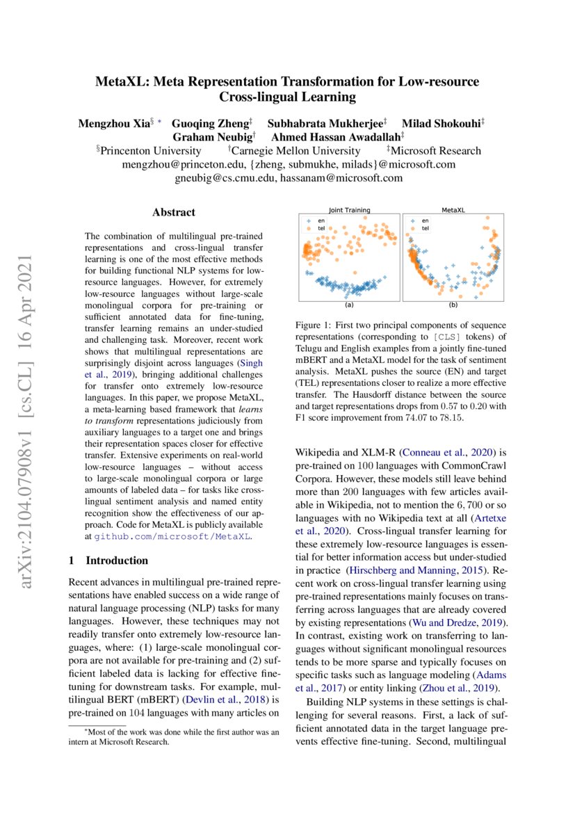 MetaXL: Meta Representation Transformation for Low-resource Cross-lingual Learning | DeepAI