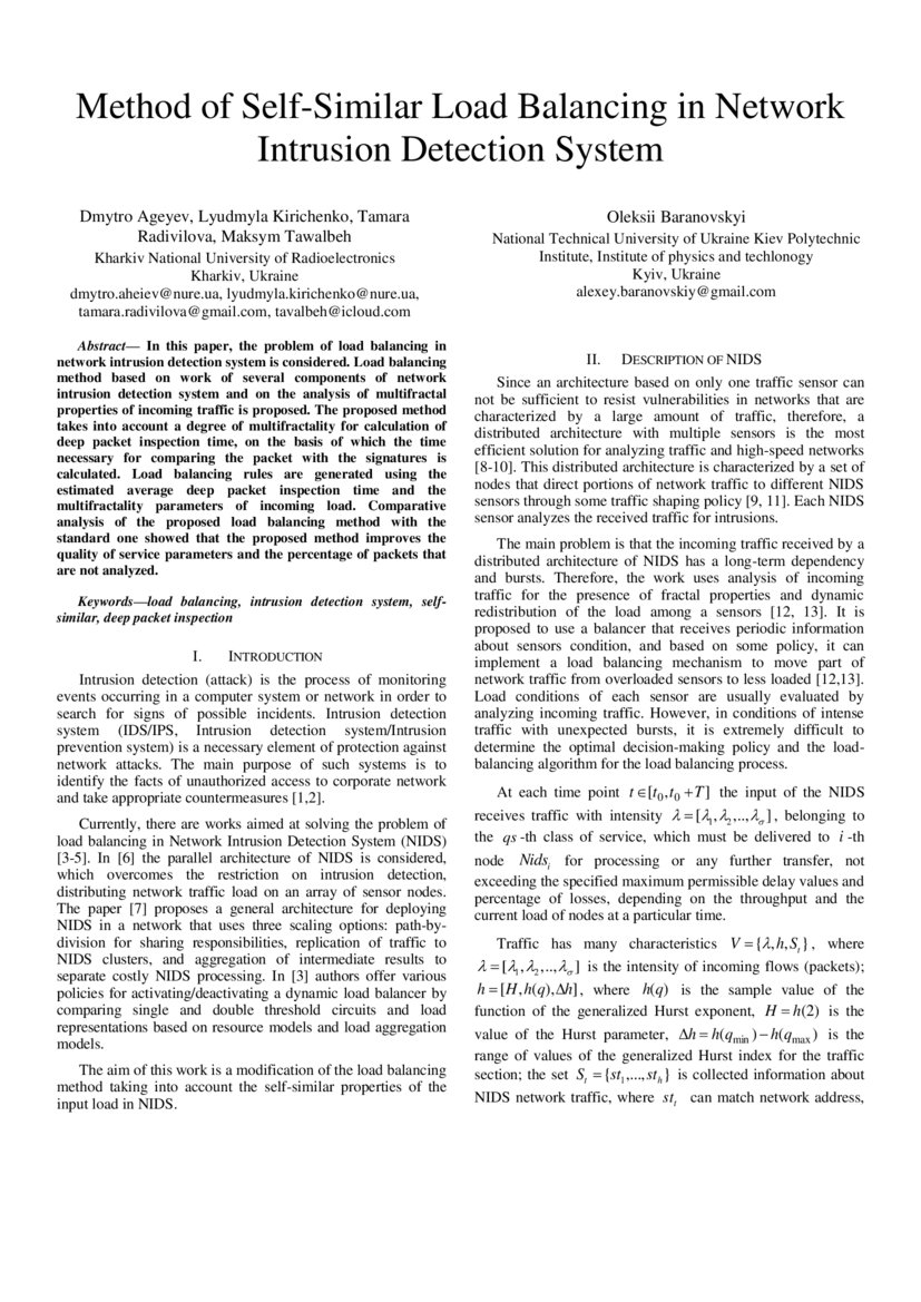 Method Of Self Similar Load Balancing In Network Intrusion Detection System Deepai