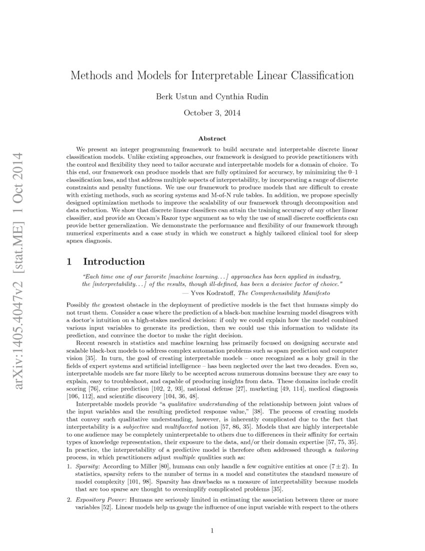 Methods and Models for Interpretable Linear Classification | DeepAI
