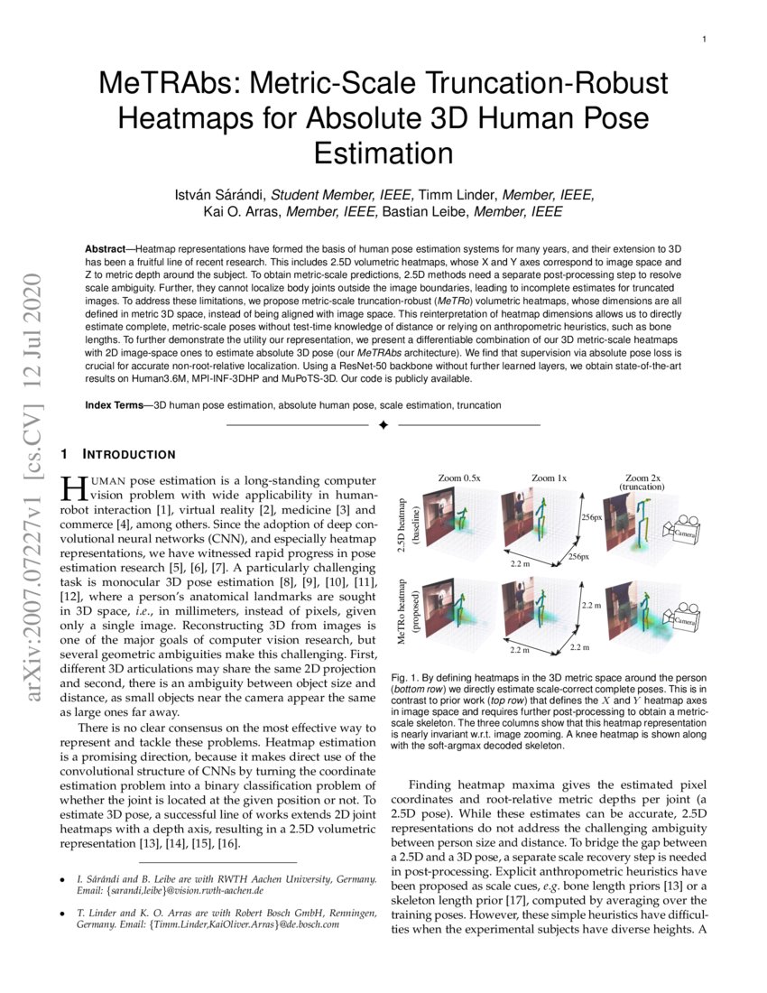 MeTRAbs: Metric-Scale Truncation-Robust Heatmaps for Absolute 3D Human Pose Estimation | DeepAI