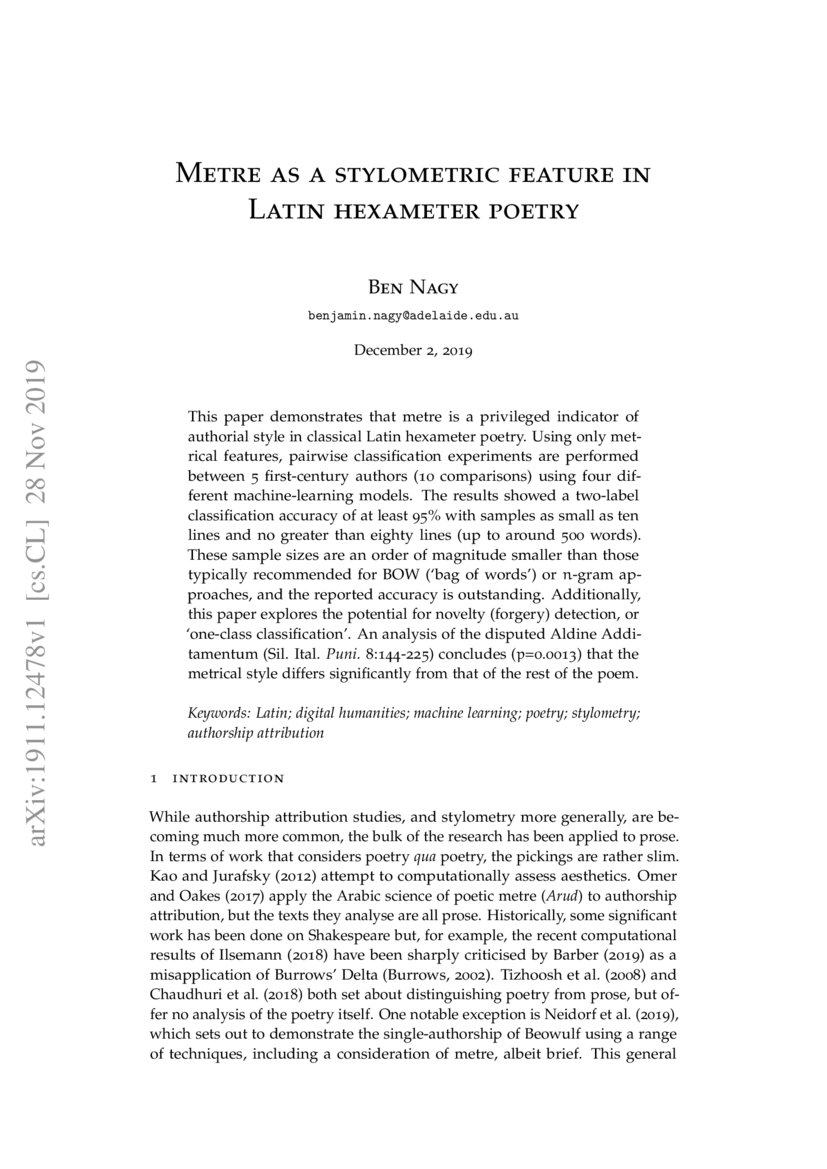 Metre as a stylometric feature in Latin hexameter poetry | DeepAI