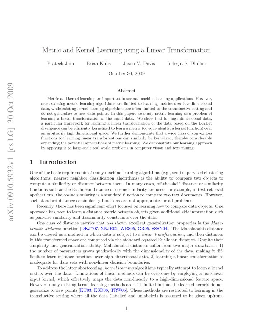 Metric and Kernel Learning using a Linear Transformation | DeepAI