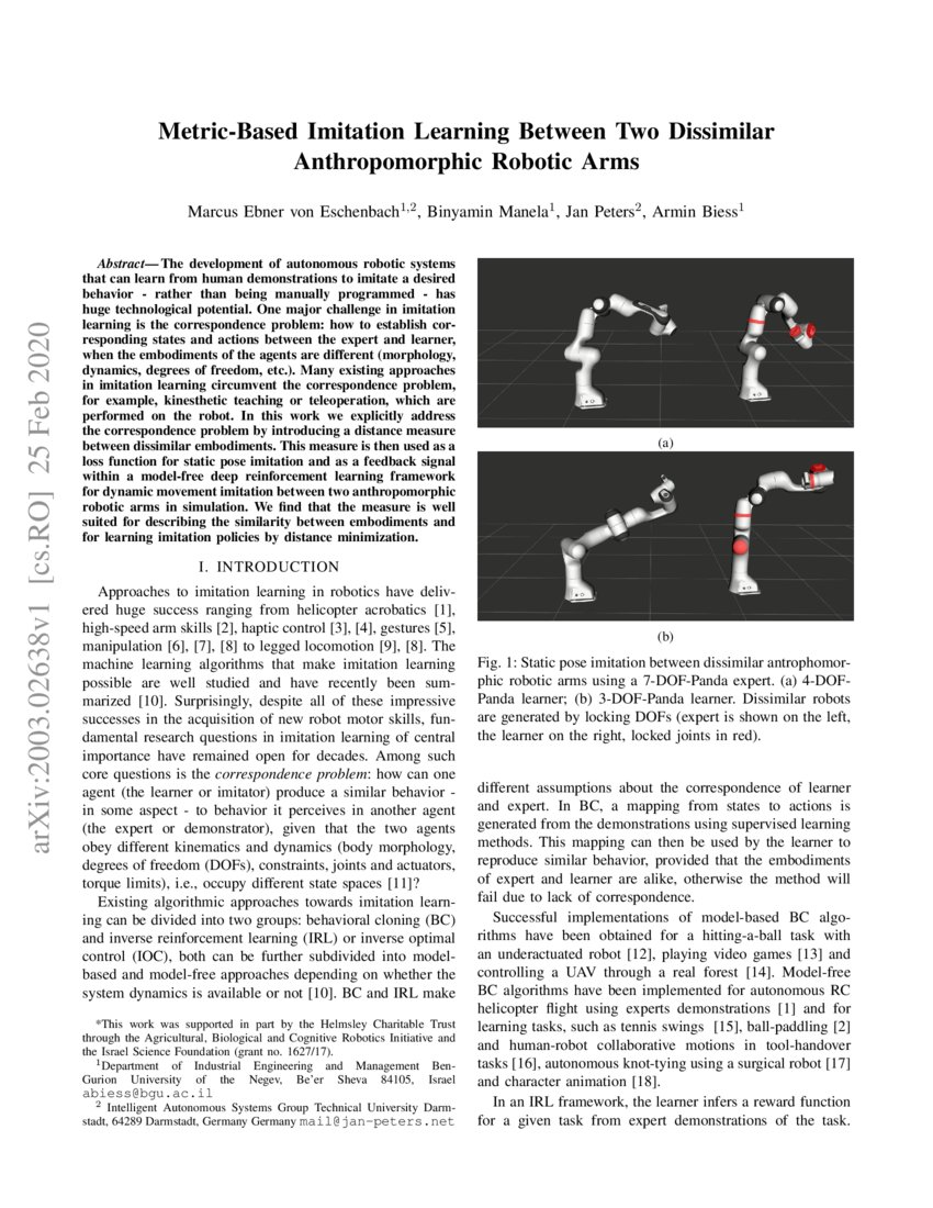 Metric-Based Imitation Learning Between Two Dissimilar Anthropomorphic ...