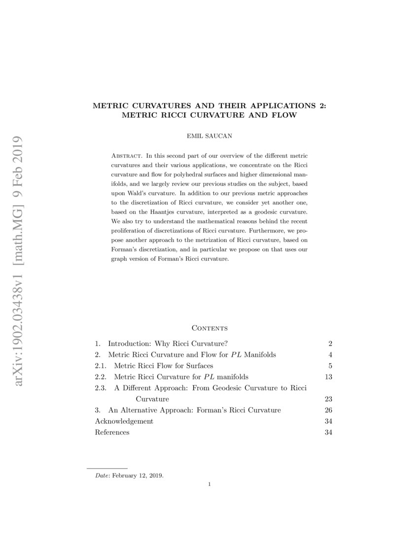 Metric Curvatures And Their Applications 2 Metric Ricci Curvature And Flow Deepai