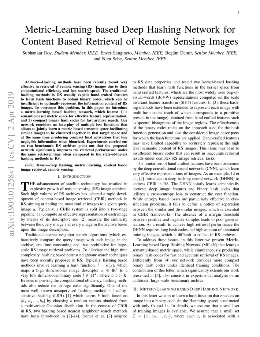 Metric-Learning based Deep Hashing Network for Content Based Retrieval of Remote Sensing Images ...