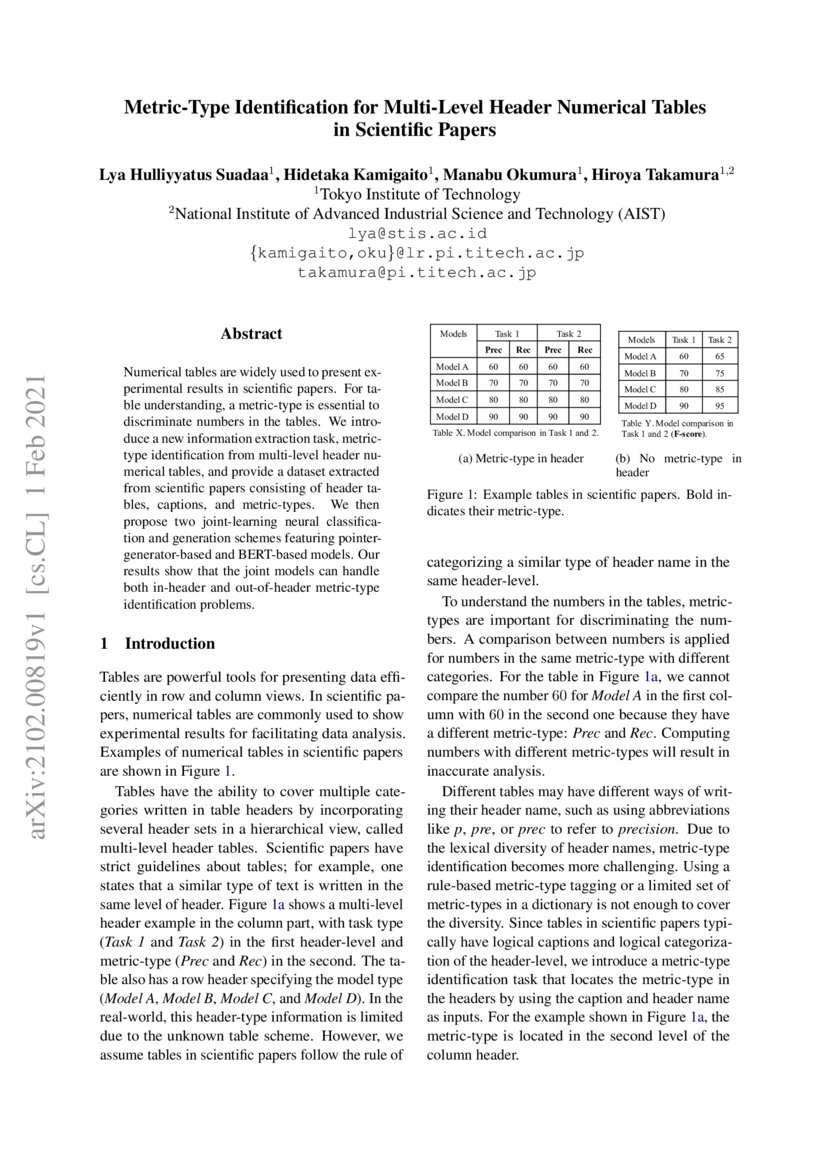 Metric-Type Identification for Multi-Level Header Numerical Tables in Scientific Papers | DeepAI