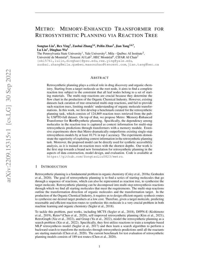 Metro: Memory-Enhanced Transformer for Retrosynthetic Planning via Reaction Tree | DeepAI