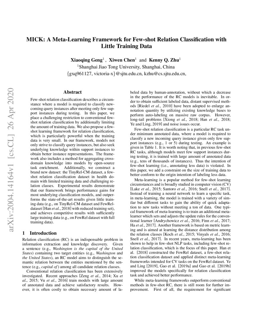 Mick A Meta Learning Framework For Few Shot Relation Classification With Little Training Data