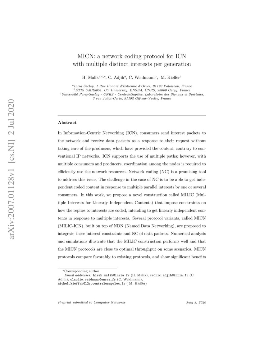 MICN: a network coding protocol for ICN with multiple distinct ...