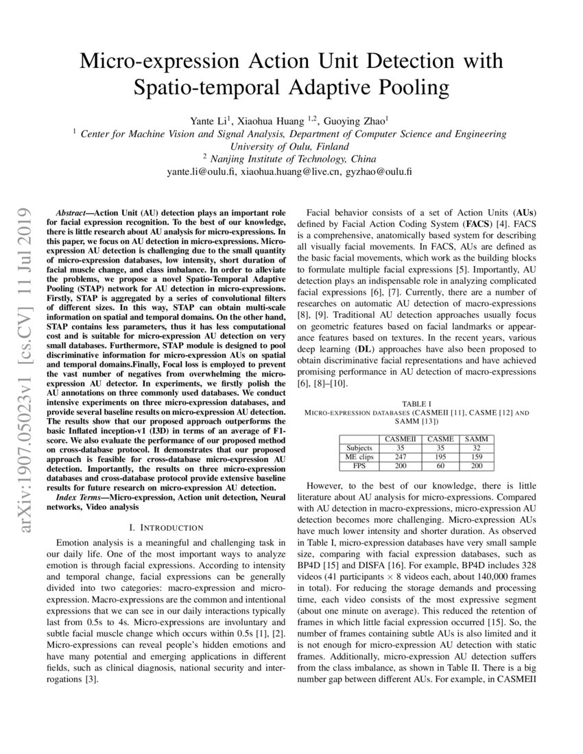 Micro-expression Action Unit Detection withSpatio-temporal Adaptive Pooling | DeepAI