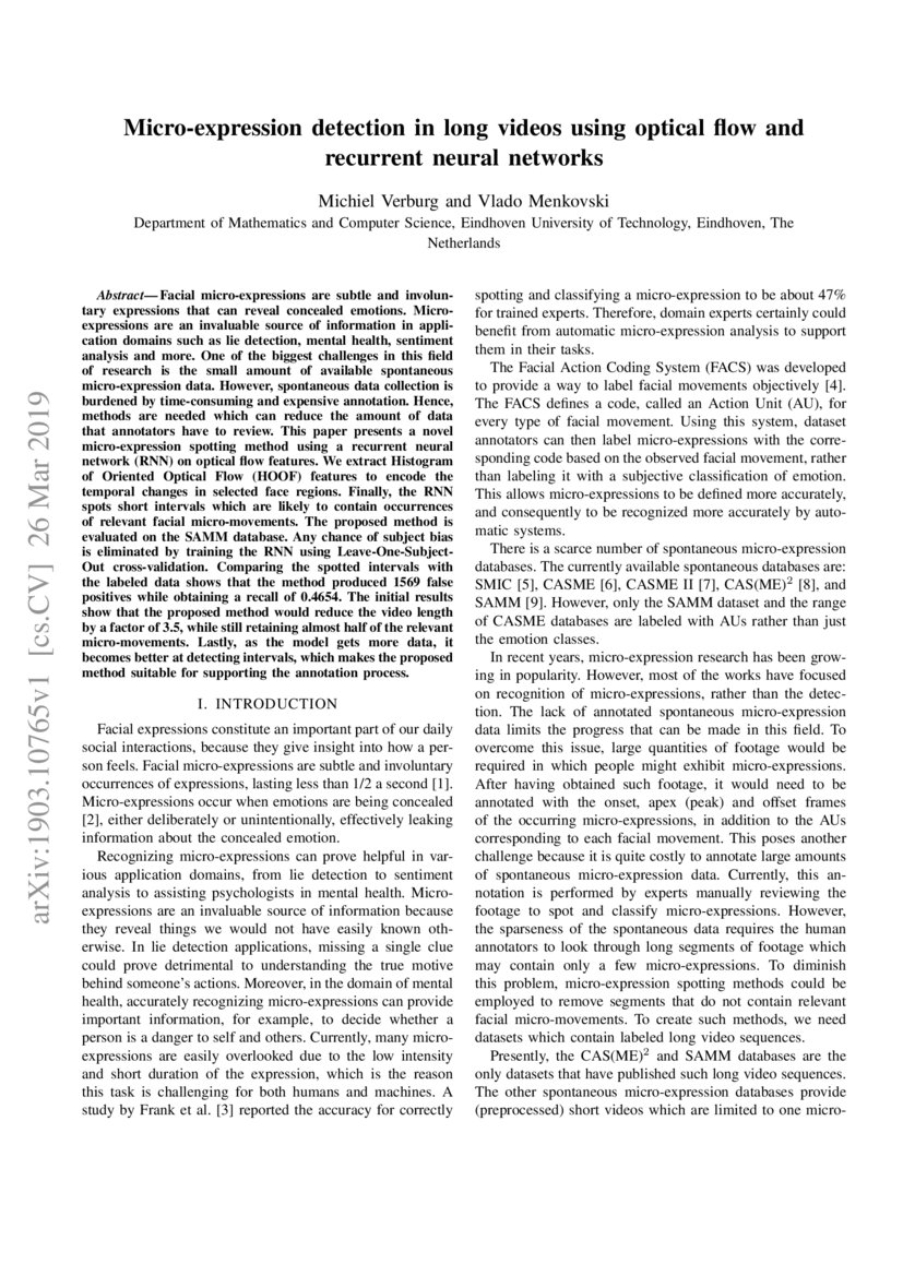 Micro Expression Detection In Long Videos Using Optical Flow And Recurrent Neural Networks Deepai
