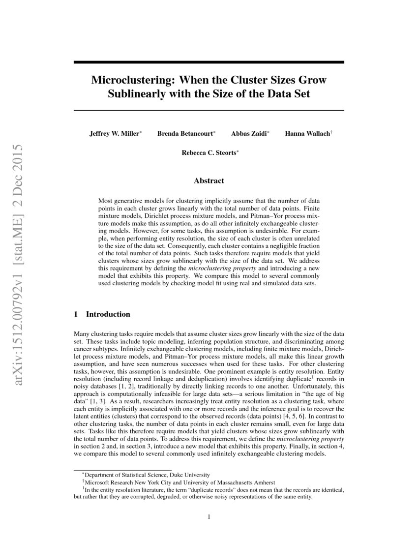 Microclustering When The Cluster Sizes Grow Sublinearly With The Size