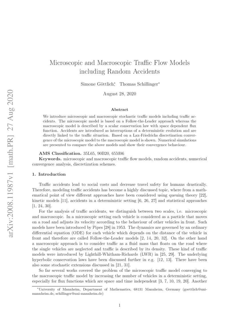 Microscopic and Macroscopic Traffic Flow Models including Random Accidents | DeepAI