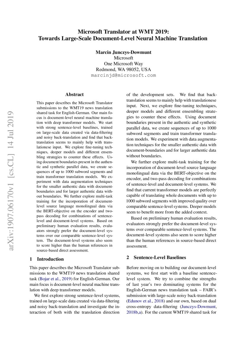 Microsoft Translator at WMT 2019: Towards Large-Scale Document-Level ...