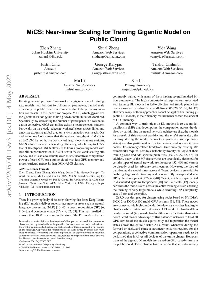 MiCS: Near-linear Scaling for Training Gigantic Model on Public Cloud | DeepAI