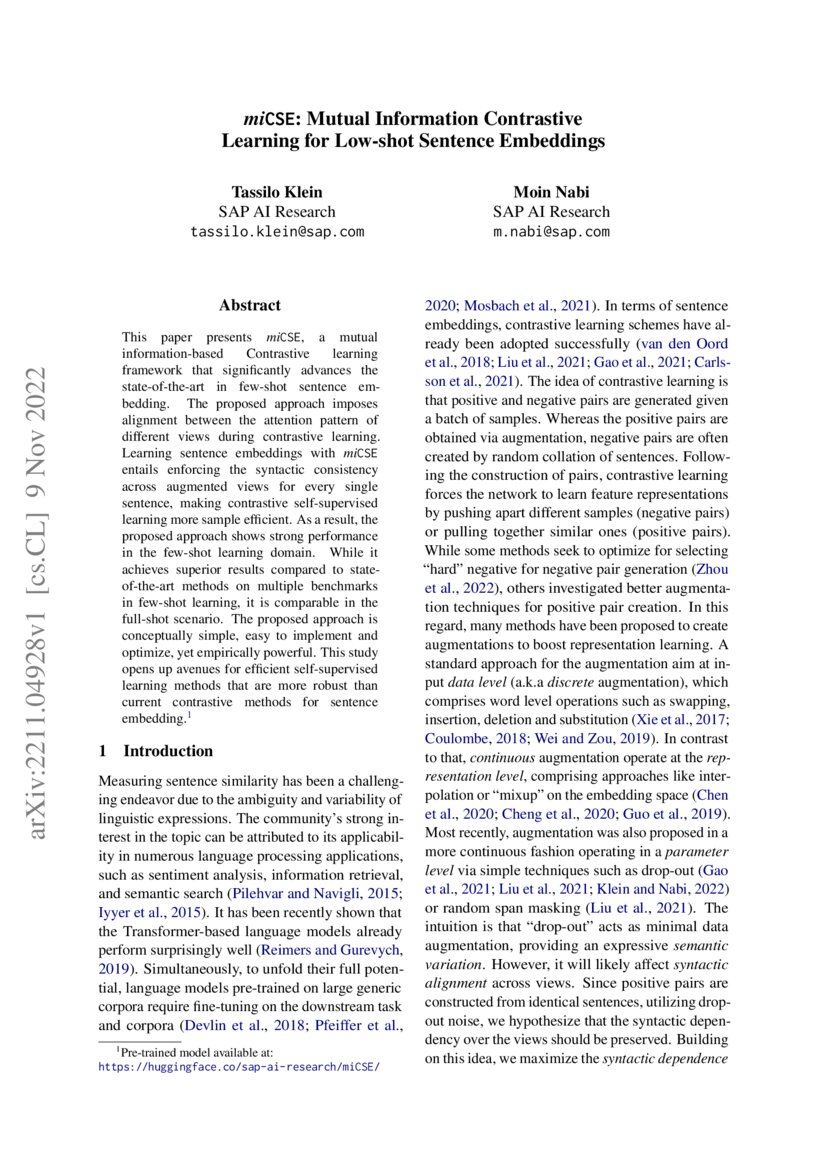 miCSE: Mutual Information Contrastive Learning for Low-shot Sentence Embeddings | DeepAI
