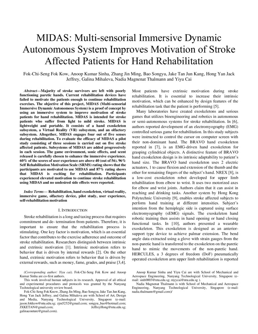 MIDAS: Multi-sensorial Immersive Dynamic Autonomous System Improves Motivation of Stroke ...