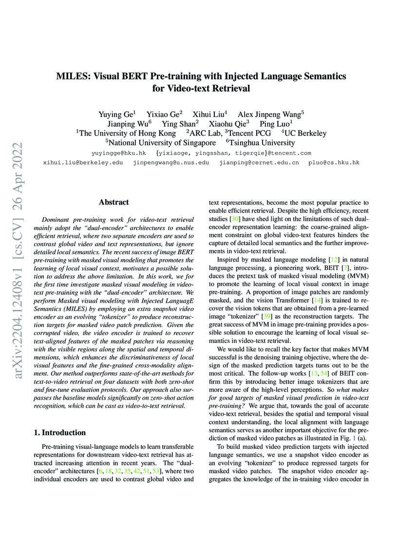 MILES: Visual BERT Pre-training with Injected Language Semantics for ...