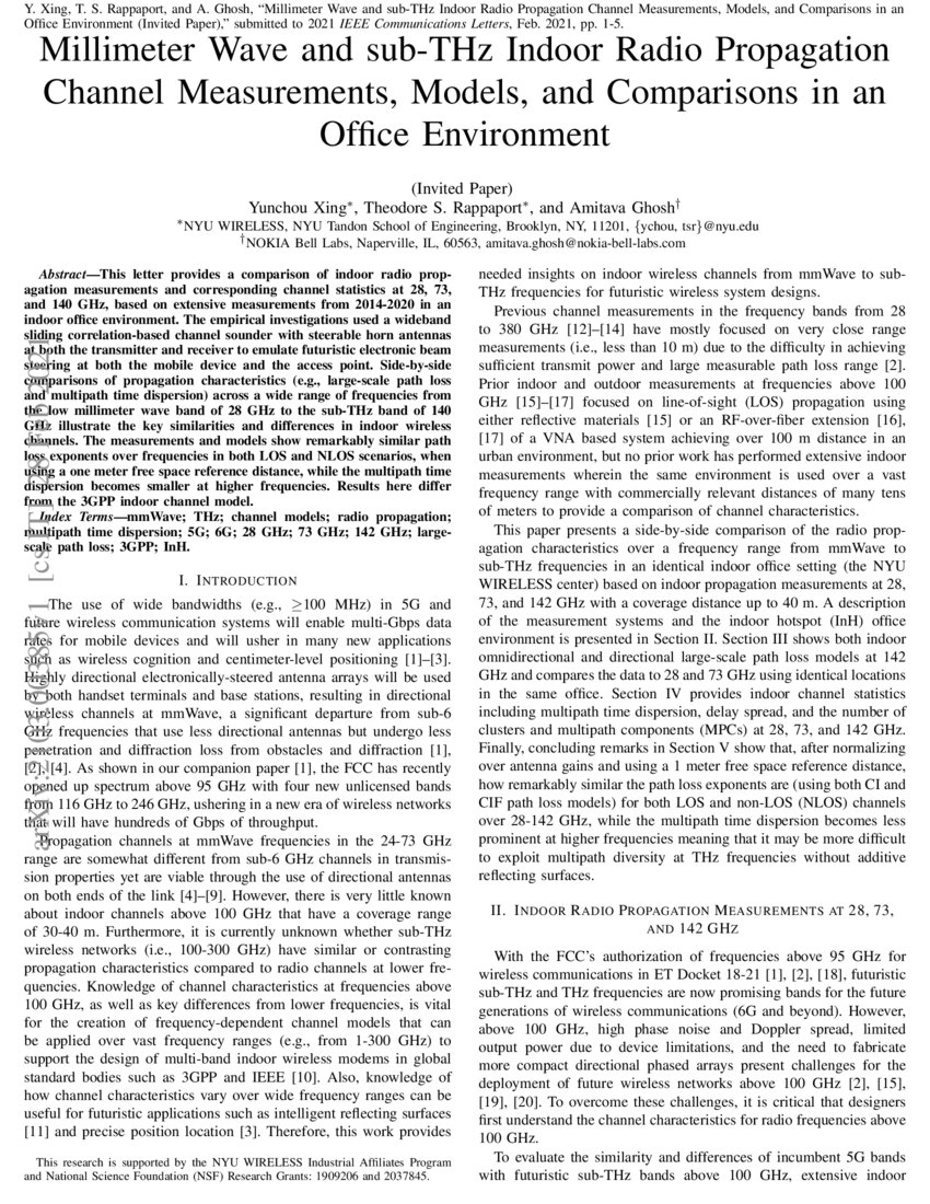Millimeter Wave and sub-THz Indoor Radio Propagation Channel ...