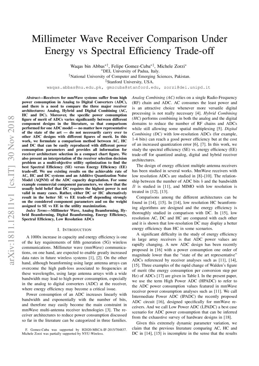 Millimeter Wave Receiver Comparison Under Energy Vs Spectral Efficiency