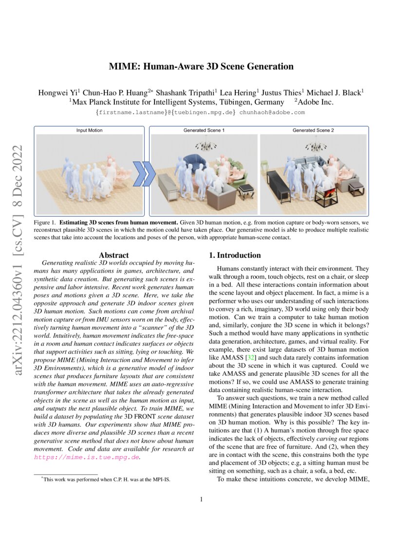 MIME: Human-Aware 3D Scene Generation | DeepAI