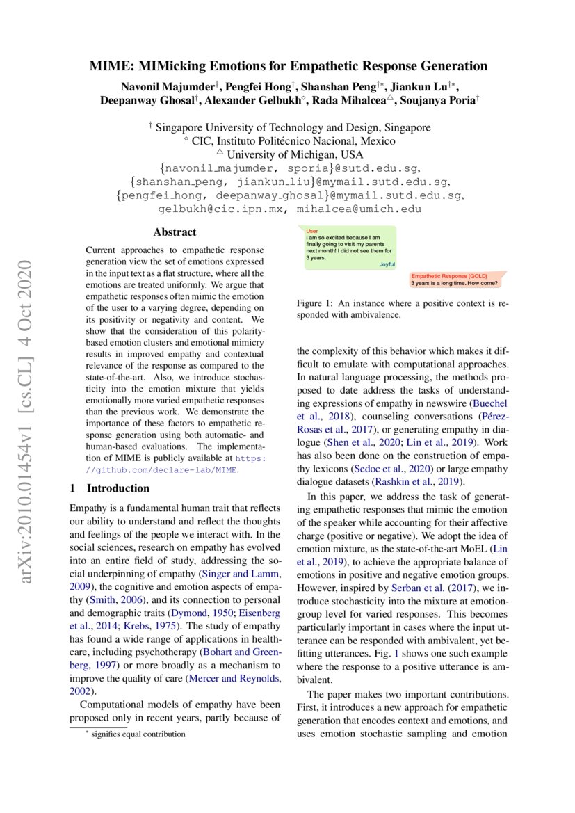 MIME: MIMicking Emotions for Empathetic Response Generation | DeepAI
