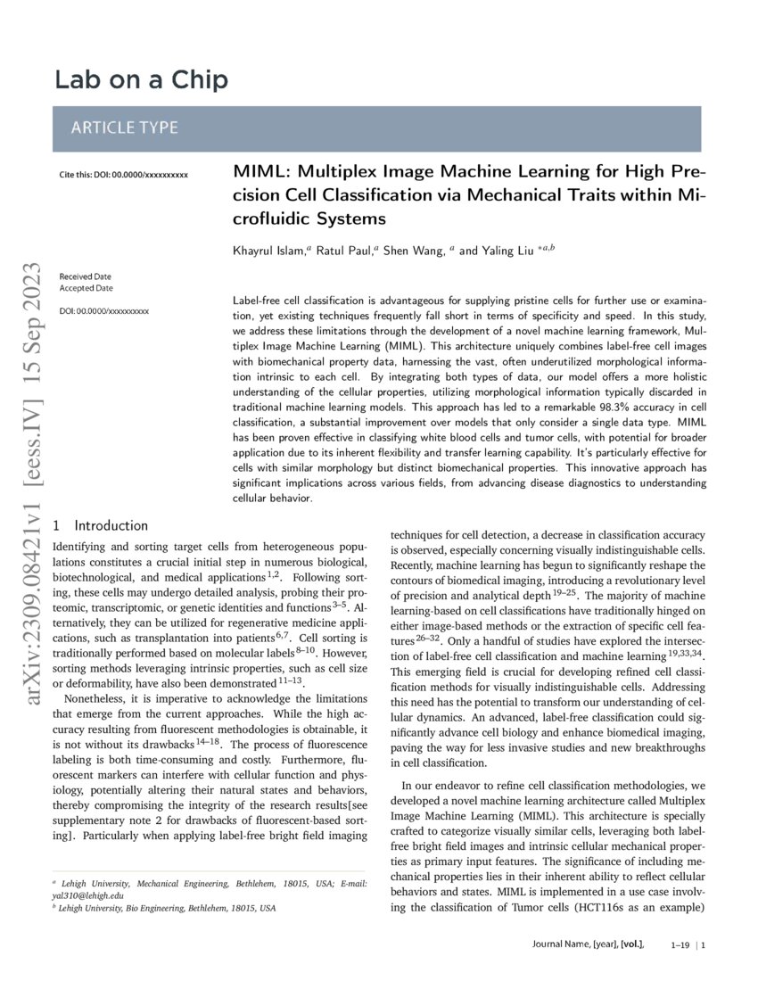 MIML: Multiplex Image Machine Learning for High Precision Cell Classification via Mechanical ...