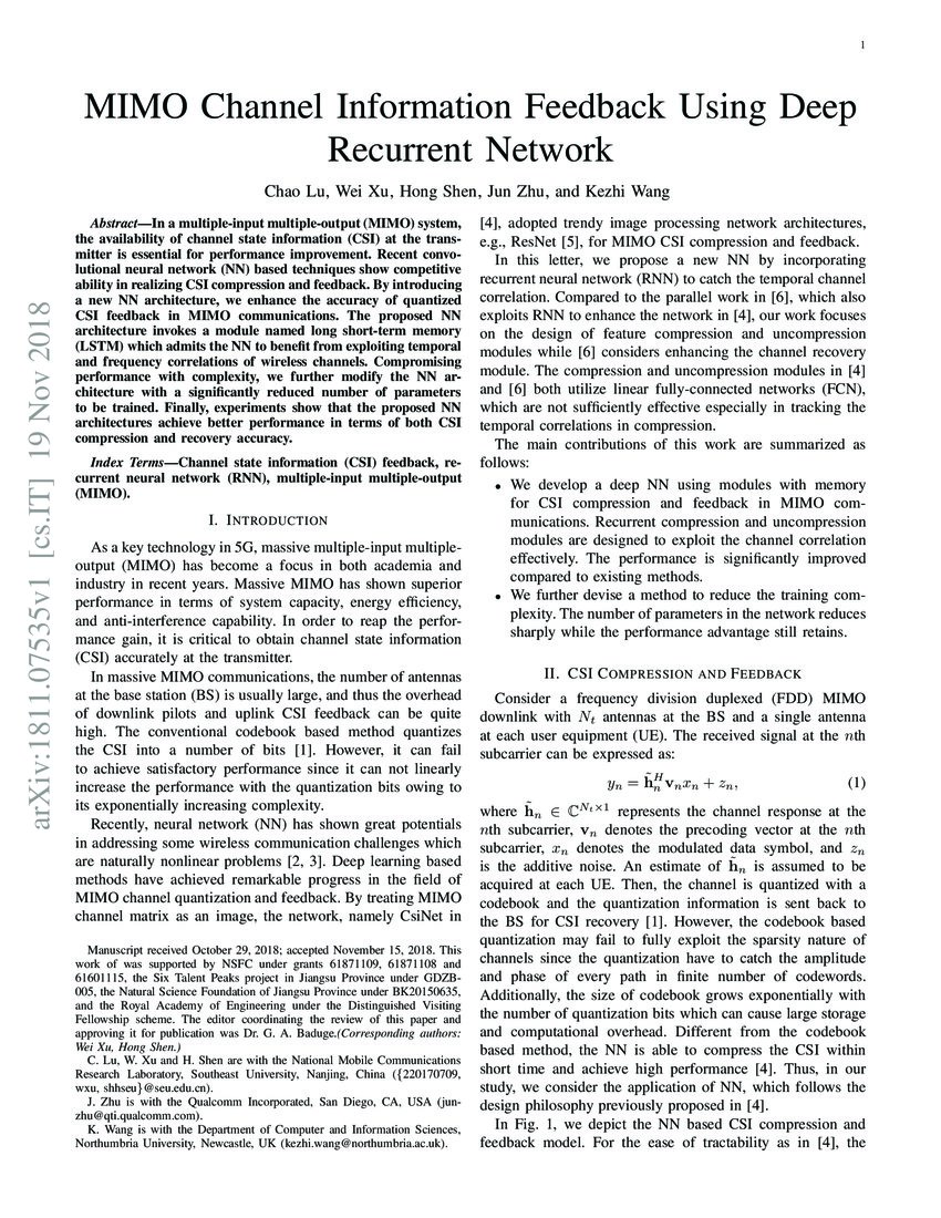 MIMO Channel Information Feedback Using Deep Recurrent Network | DeepAI