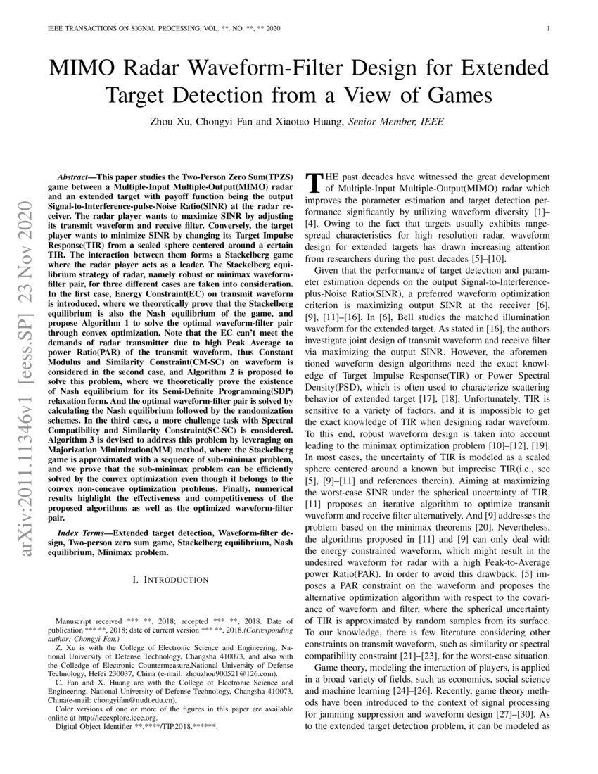 Mimo Radar Waveform Filter Design For Extended Target Detection From A