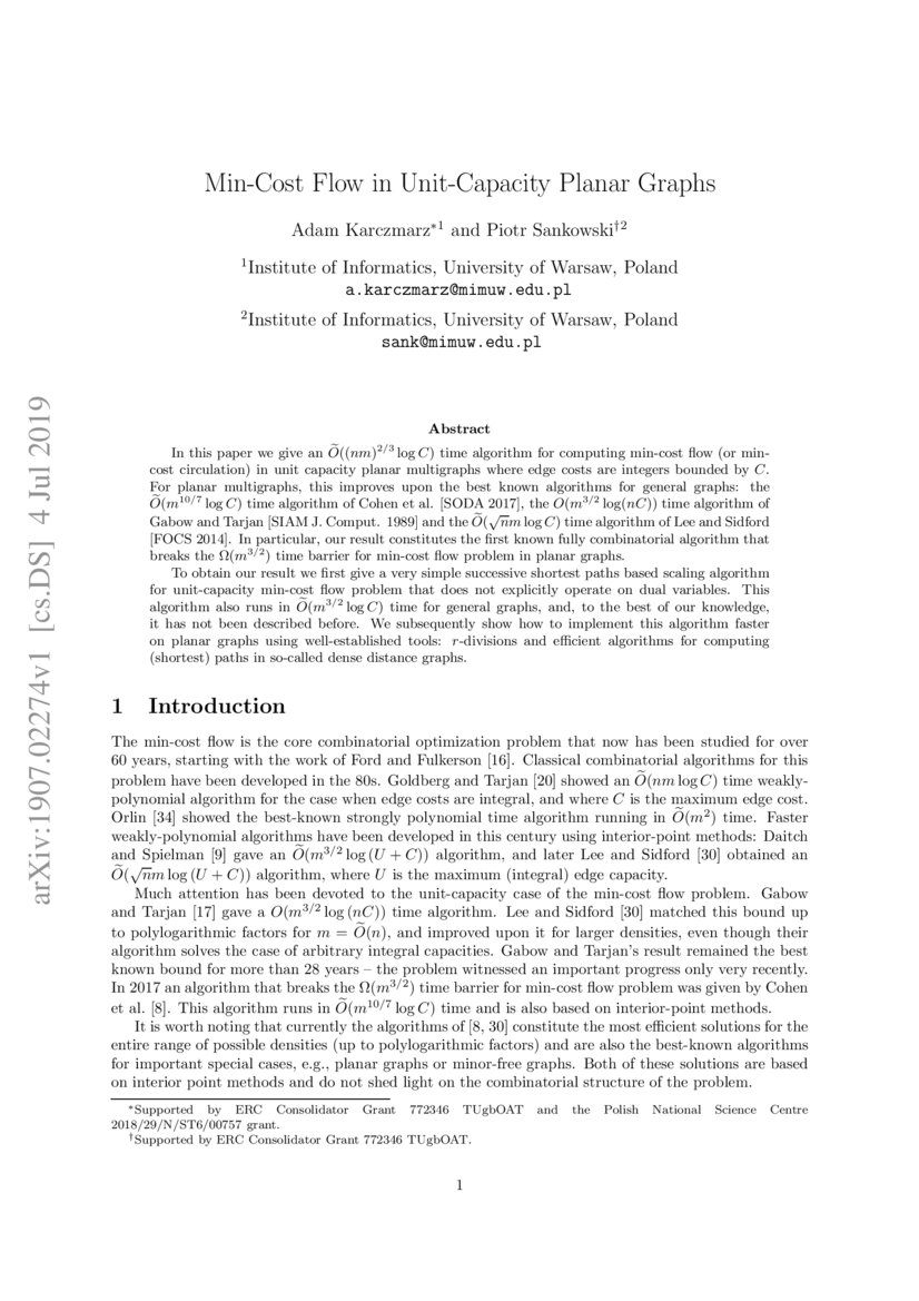 Min-Cost Flow in Unit-Capacity Planar Graphs | DeepAI