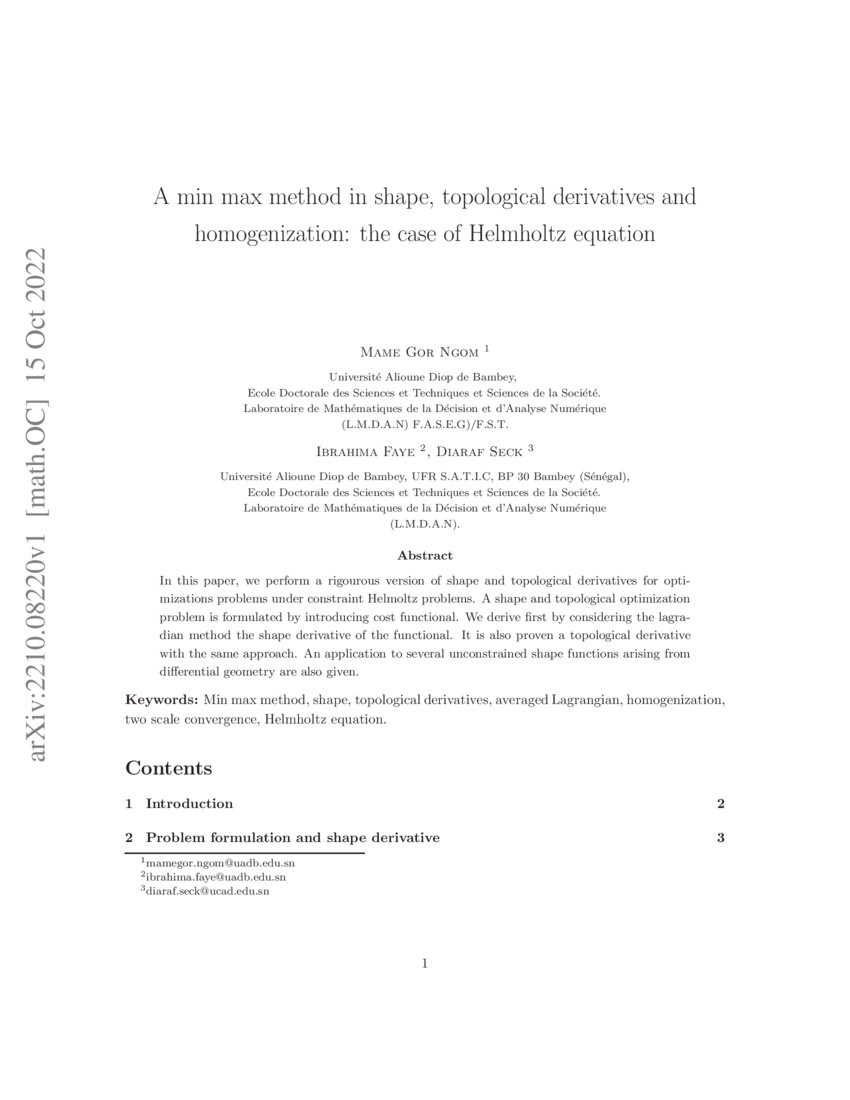 Min max method, shape, topological derivatives, averaged Lagrangian ...