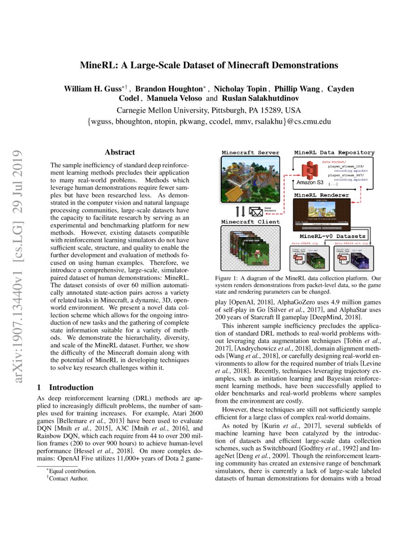 MineRL: A Large-Scale Dataset of Minecraft Demonstrations | DeepAI