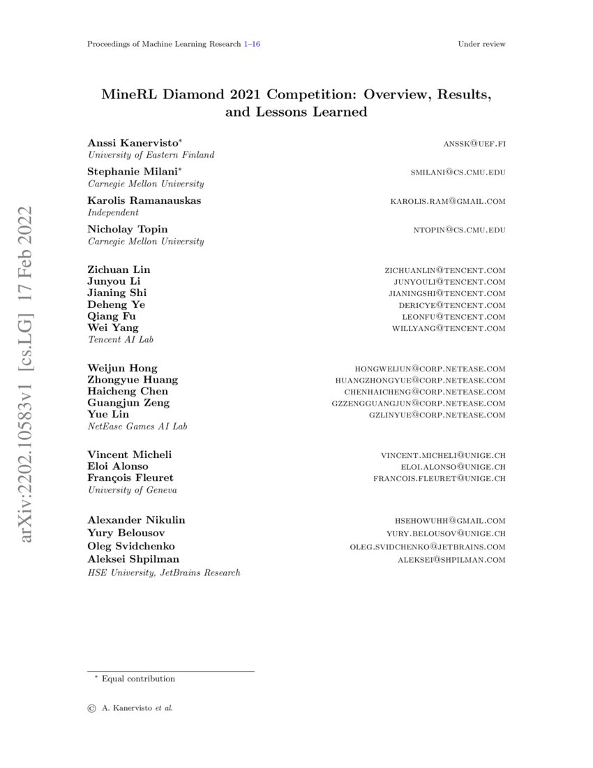 MineRL Diamond 2021 Competition: Overview, Results, and Lessons Learned ...