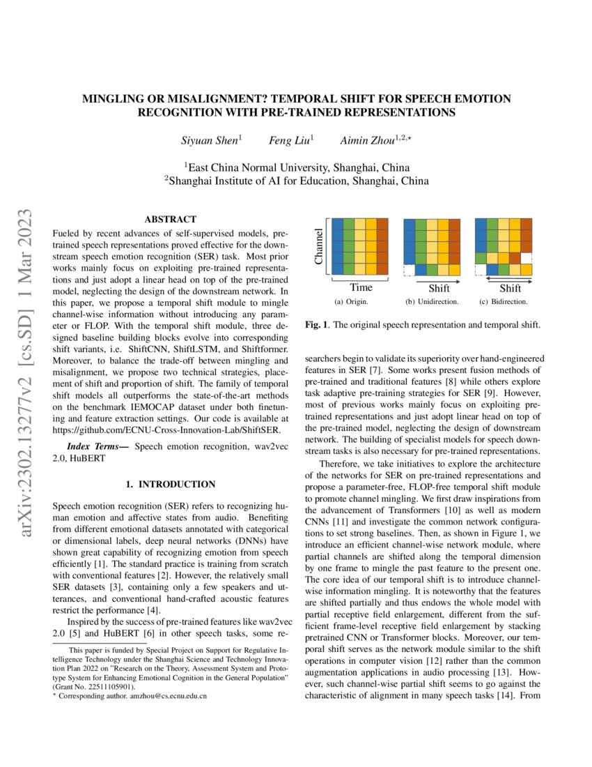 Mingling Or Misalignment Temporal Shift For Speech Emotion Recognition With Pre Trained