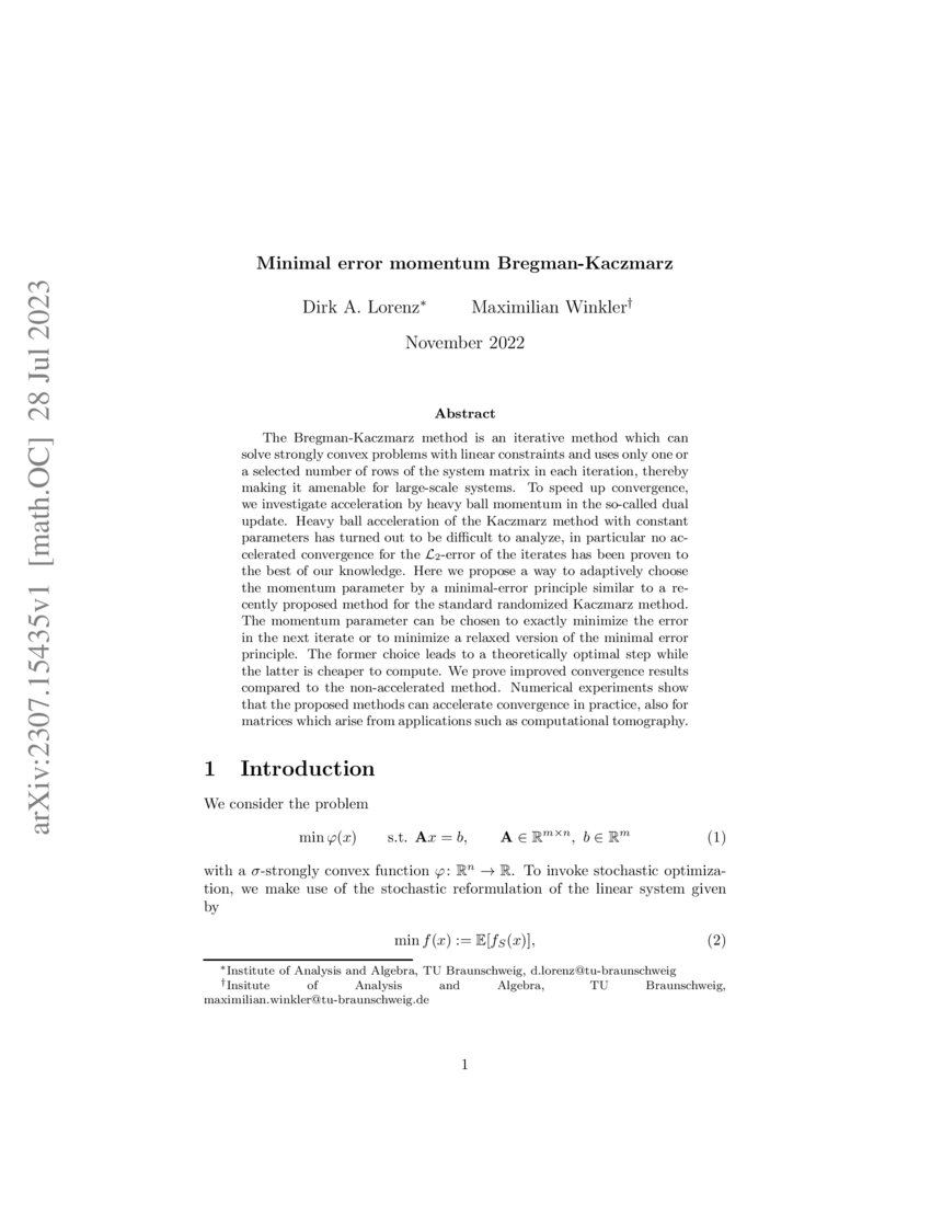 Minimal error momentum Bregman-Kaczmarz | DeepAI