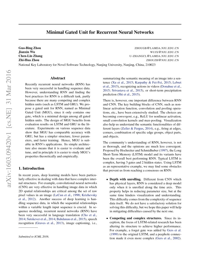 Minimal Gated Unit for Recurrent Neural Networks | DeepAI