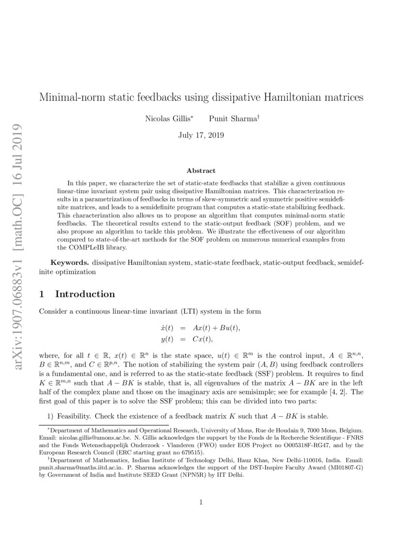 Minimal-norm static feedbacks using dissipative Hamiltonian matrices | DeepAI