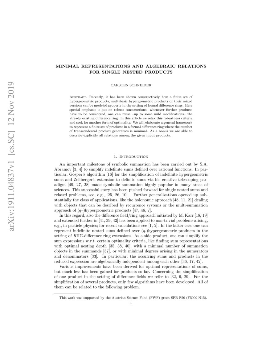 Minimal representations and algebraic relations for single nested ...