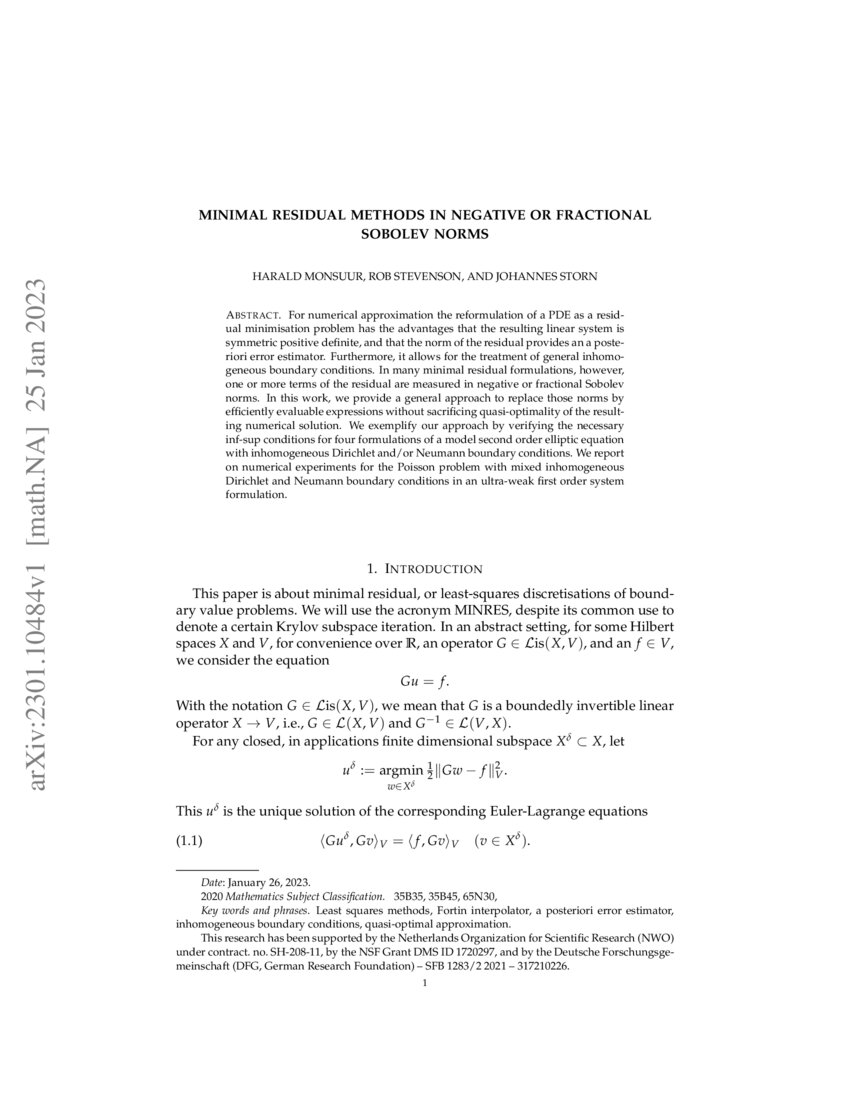 Minimal residual methods in negative or fractional Sobolev norms | DeepAI