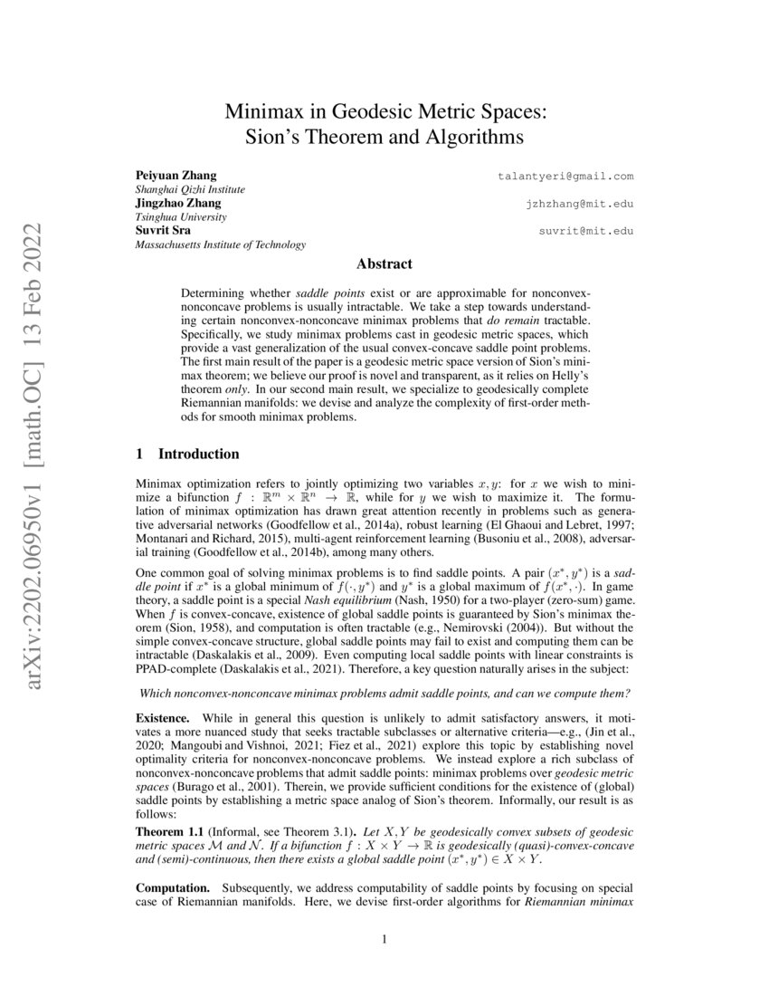 Minimax In Geodesic Metric Spaces Sions Theorem And Algorithms Deepai 