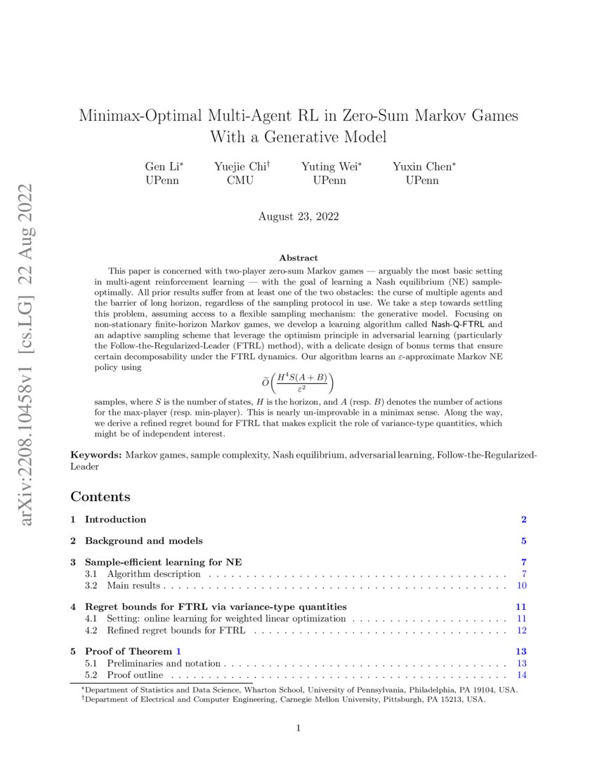 Minimax-Optimal Multi-Agent RL in Markov Games With a Generative Model | DeepAI