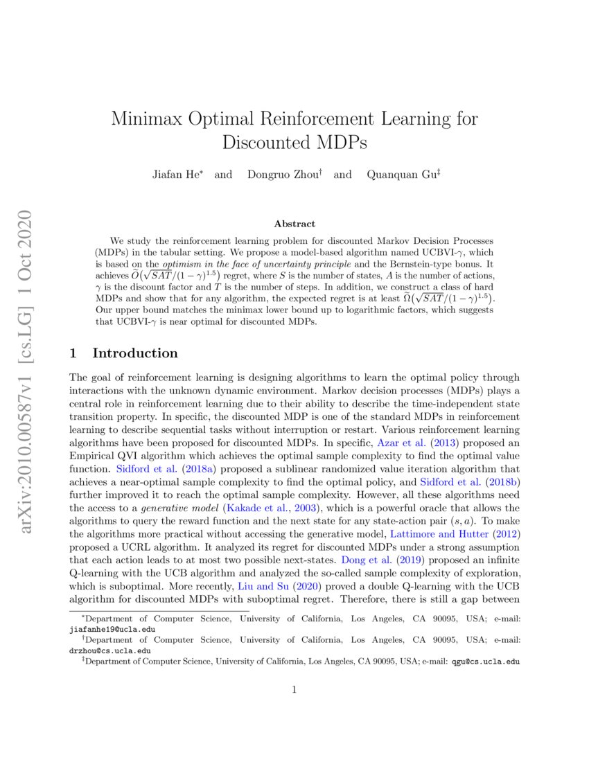 Minimax Optimal Reinforcement Learning for Discounted MDPs | DeepAI