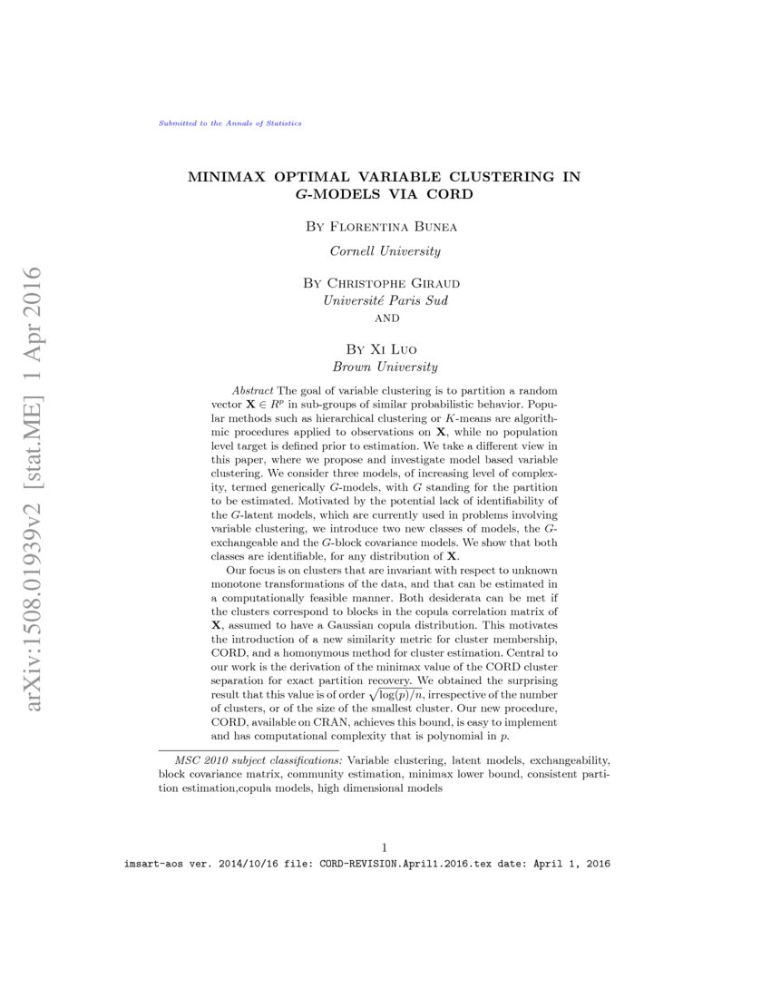 Minimax Optimal Variable Clustering In G Block Correlation Models Via Cord Deepai