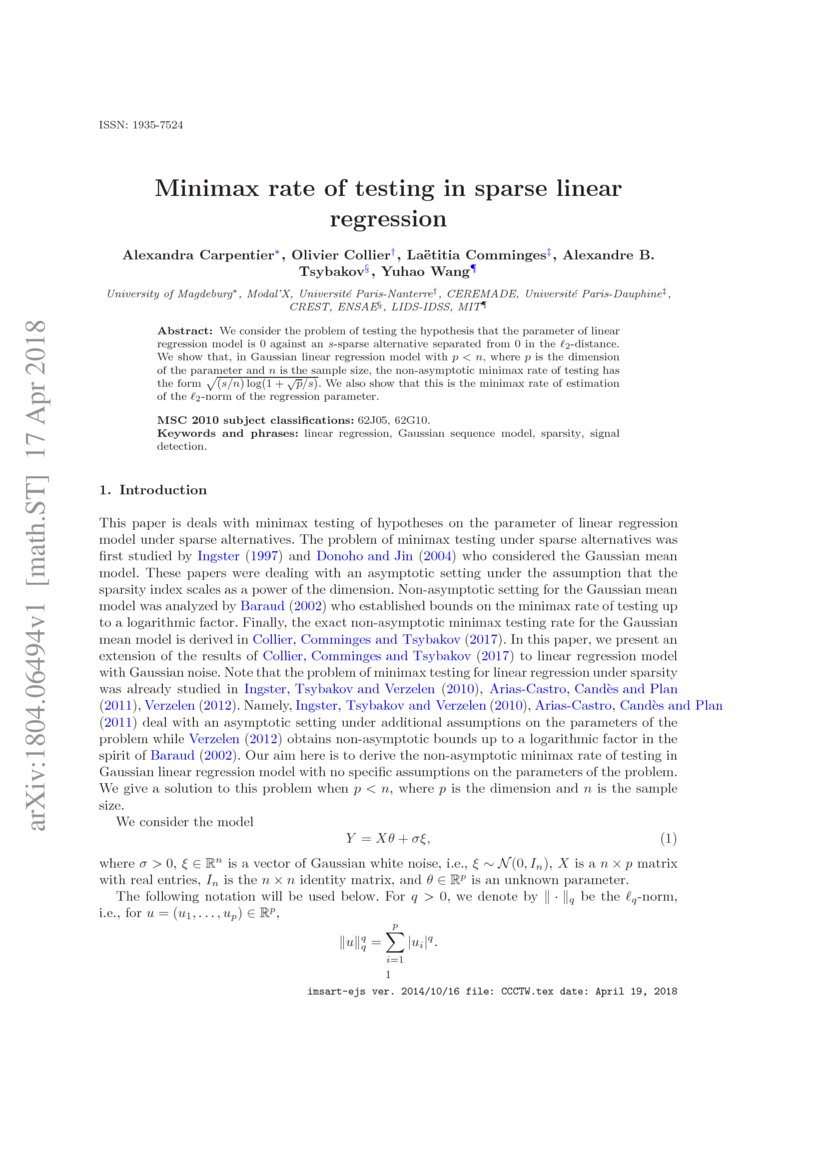 Minimax Rate Of Testing In Sparse Linear Regression Deepai